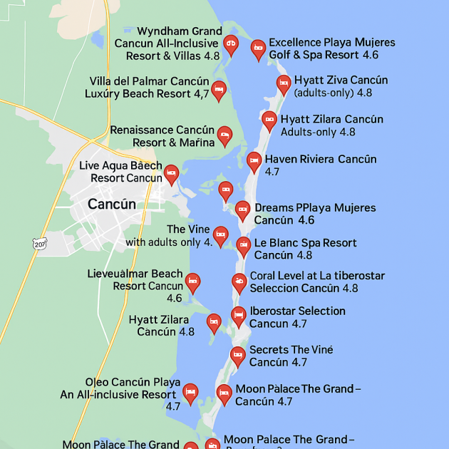 Mapa de hoteles en Cancun | Lista de hoteles de Cancún Meta Hotels